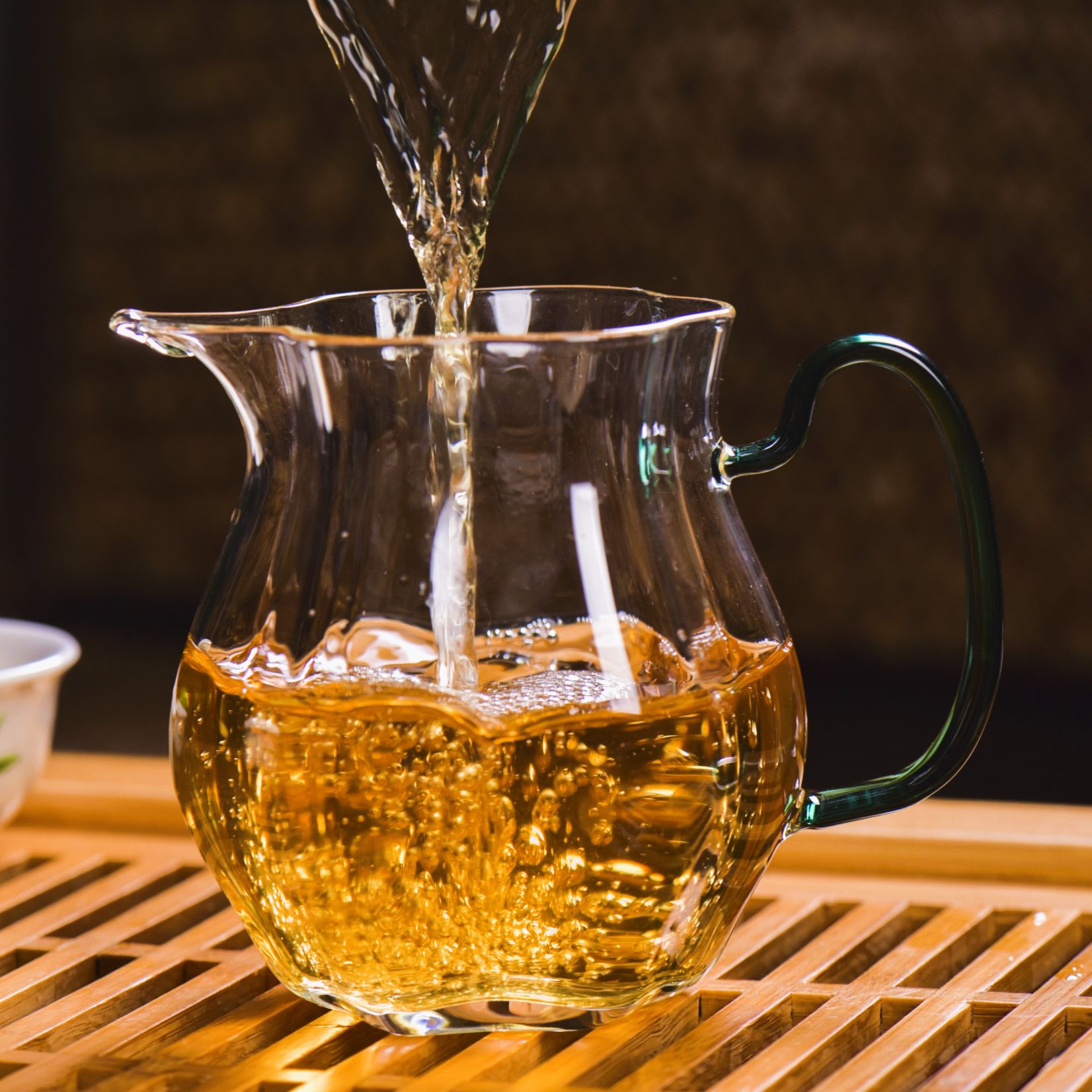 Cherry Blossom Glass Cha Hai with Green Handle Yunnan Sourcing Tea Shop