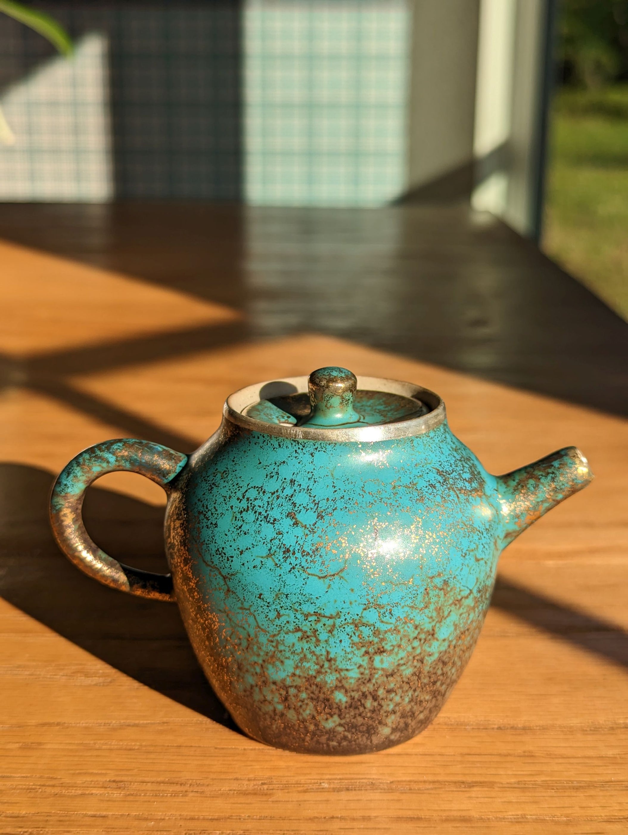 Wood-Fired "Aqua Oxide and Gold" Ceramic Teapot Yunnan Sourcing Tea Shop