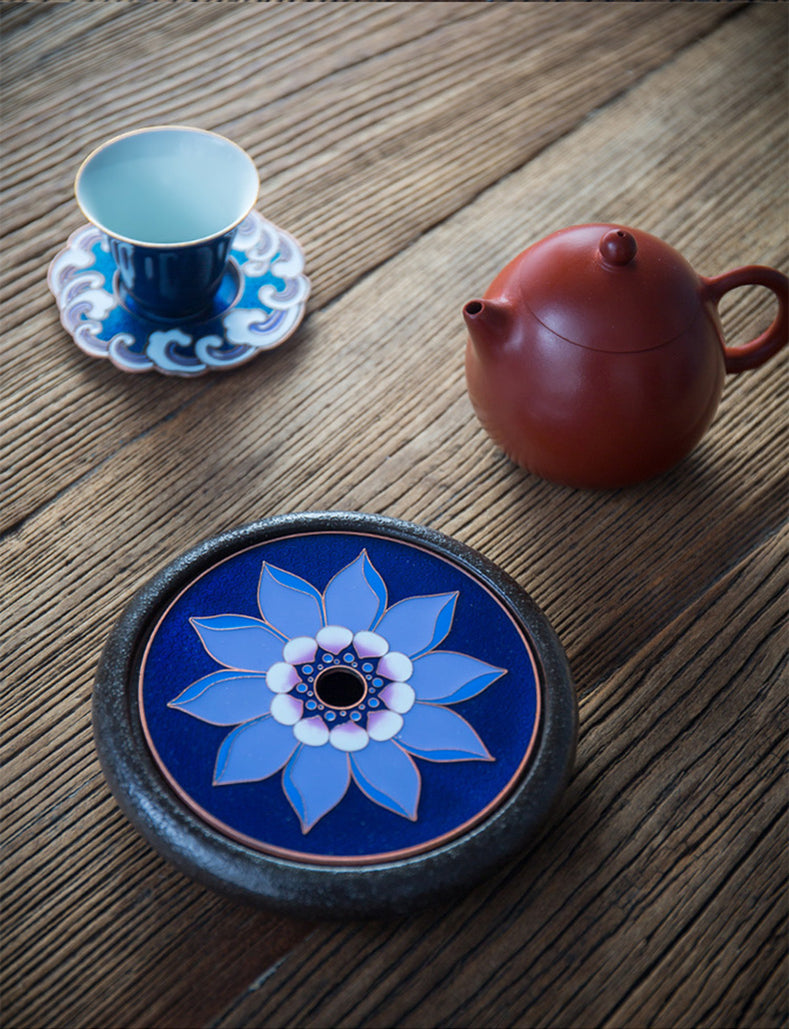 Cloisonné and Ceramic Mini Tea Boat Teapot Stand Yunnan Sourcing Tea Shop
